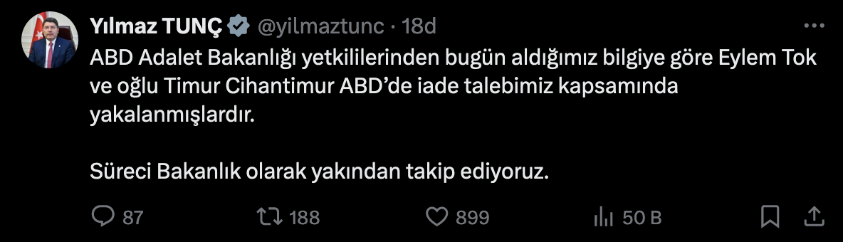 Eylem Tok ve oğlu Timur Cihantimur ABD’de yakalandı: Bakan Tunç duyurdu